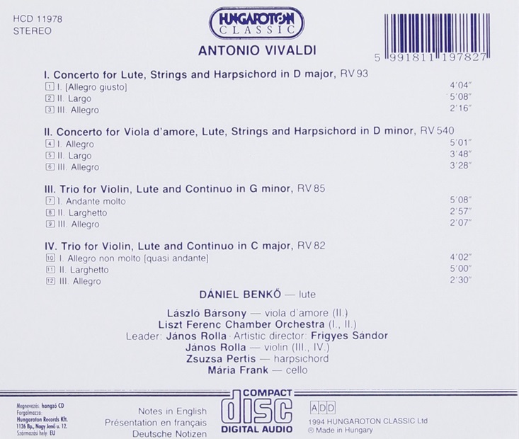 Daniel Benko / Janos Rolla 비발디: 류트 협주곡, 비올라 다모레를 위한 협주곡, 트리오 소나타 ...