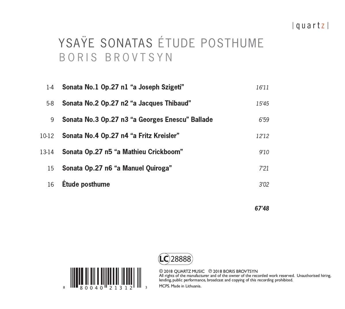 Boris Brovtsyn 이자이: 무반주 바이올린 소나타 전곡집 - 보리스 브로프친 (Ysaye: Sonatas, Etude ...