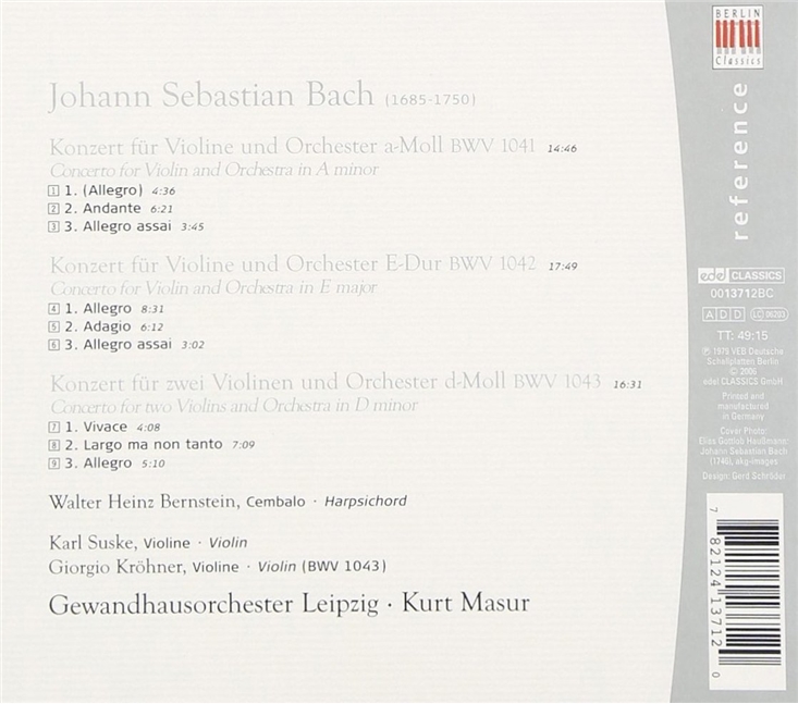 Karl Suske / Kurt Masur 바흐: 바이올린 협주곡 (Bach: Violin Concerto BWV 1041 ...