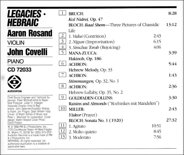 [중고샵] LEGACIES HEBRAIC - Aaron Rosand VIOLIN John Covelli PIANO (미국반 ...
